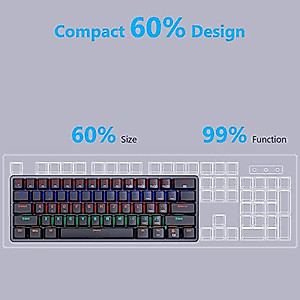 Redragon 60 Percent Mini Keyboard, Mechanical Gaming Keyboard with Low Profile Blue Switches, 18 LED Backlits, Wired Compact Portable Keyboard for Windows PC Mac, Typing, Travel, K615