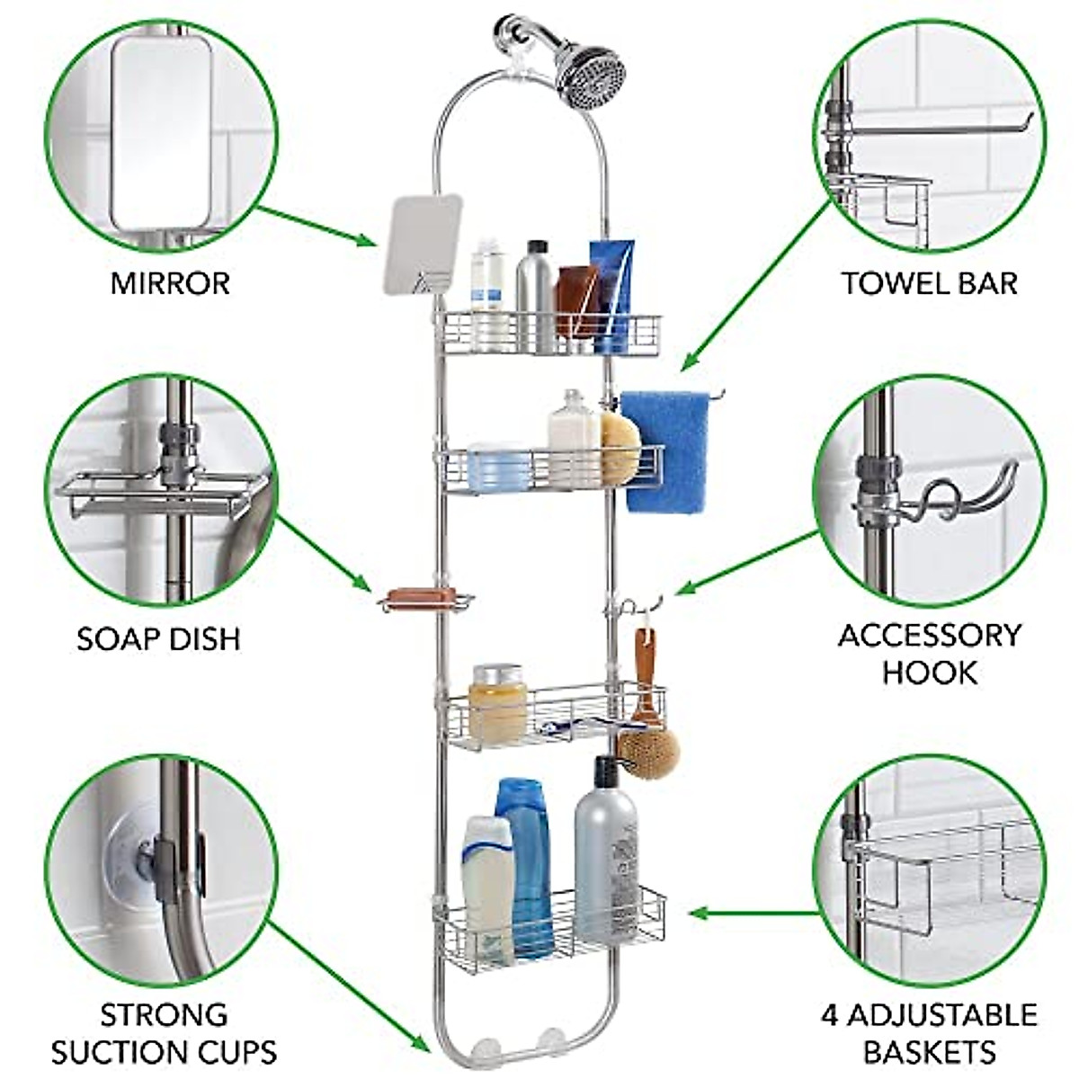 mDesign Metal Bathroom Shower Caddy Station for Shampoo, Conditioner, Hand Soap - Accessory Hook and Towel Bar - 4 Shelf Format, Brushed Stainless Steel