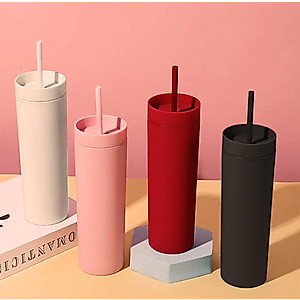 momocici Matte Skinny Tumblers Bulk.16oz Matte Pastel Colored Skinny Tumblers with Lids and Straws.Double Walled Plastic Acrylic Smoothie Tea Iced Coffee Tumbler Cups.Slim White Tumbler Set.(White)