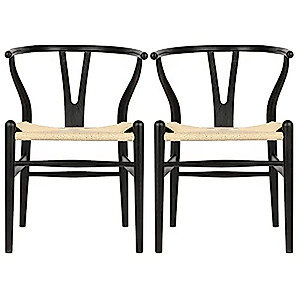 VODUR Wishbone Chair Natural Solid Wood Dining Chair/Hans Vegner Y Chair Rattan and Wood Accent Armrest Chair (Ash Wood - Black + Natural Cord)