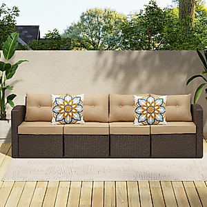 SUNVIVI OUTDOOR Patio Couch Sofa,4-Seat Outdoor Wicker Brown Rattan Sectional Couch Furniture Aluminum Frame with Non-Slip Beige Cushion