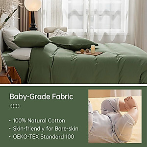 JELLYMONI Only 1 Piece Duvet Cover King Size - 100% Washed Cotton Linen Like Textured Comforter Cover, Breathable Soft Quilt Cover Without Pillowcases (Green, King 104"x90")