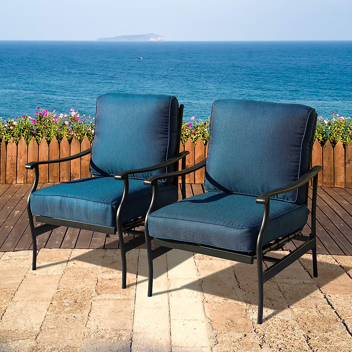 LOKATSE HOME 2 Pcs Outdoor Metal Furniture Patio Bistro Set Steel Dining Single Chairs with Cushion, Blue