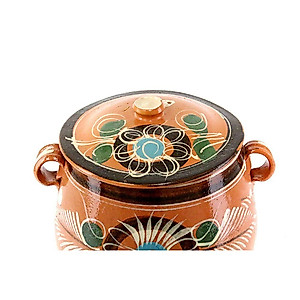 Thaweesuk Shop New Olla De Barro Frijolera w/Lid 3.5 Quarts Canterito Cazuela Traditional Floral of Set