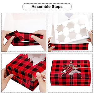 Ruisita 30 Pack Christmas Cupcake Boxes Plaid Red Black Paper Cupcake Carriers Bakery Box with Inserts and Window Cake Carrier Container Cookie Gift Boxes 6 Holders for Dessert, Pastries, Cake, Muffin