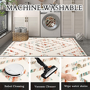 Geanlod Boho Beige Area Rugs 5x7 Washable Non Slip Modern Living Room Rug Low Pile Bedroom Rug Geometric Faux Wool Throw Carpet for Dining Room Bathroom Kitchen Home