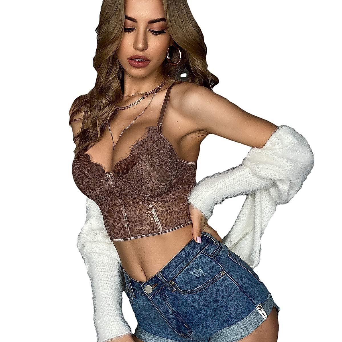 Lilosy Sexy Wirefree Lingerie Floral Lace Crop Cami Tank Top Women Sheer Longline Bralette Night Out Party Bra Coffee 2# Medium