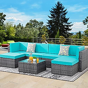Walsunny 7pcs Patio Outdoor Furniture Sets,Low Back All-Weather Silver Gray Rattan Sectional Sofa with Tea Table&Washable Couch Cushions&Ottoman,Blue