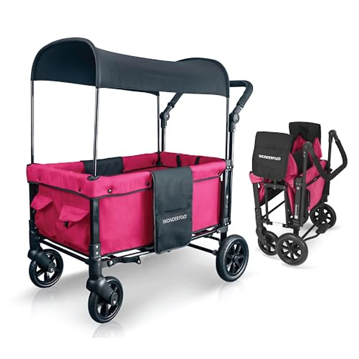 WONDERFOLD W1 Original Double Stroller Wagon (2 Seater) - Collapsible Wagon Stroller with Seats with 5-Point Harnesses, Adjustable Push Handle, and Sun Canopy, Fuschia Pink