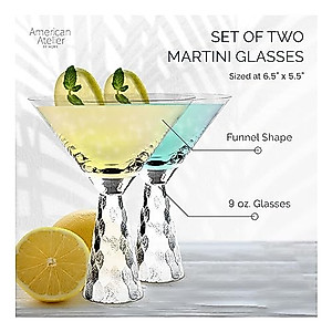 American Atelier Daphne Martini Glasses | Set of 2 | Hammered Metal Design | 9-Ounce Capacity | Elegant Cocktail Barware for Martini or Cosmopolitan (Silver)