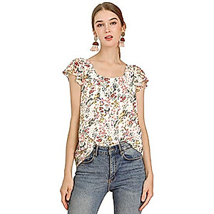 Allegra K Women's Chiffon Ruffle Sleeve Top Layered Vintage Ditsy Floral Blouse Large White