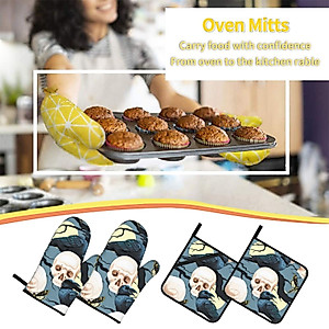 EZDNAGP 4pcs Oven Mitts and Pot Holders Sets Oven Kitchen Gloves Hot Pads for Cooking BBQ Baking Grilling - Raven Skull Bird Death Butterfly