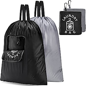 2 Pcs Travel Laundry Bag Dirty Clothes Bag Travel Bags Dirty Laundry Travel Bag Foldable Dirty Clothes Bag for Traveling Women Travel Accessories with Zipper Drawstring for Camp Gym (Gray, Black)