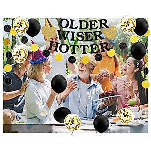 OLDER WISER HOTTER Banner Funny Birthday Party Decoration Supplies Glitter Hanging Garland Kit 10pcs Balloons Bunting 30th 40th 50h 60th 70th 80th Birthday Party Photobooth Backdrop Adult Black Gold