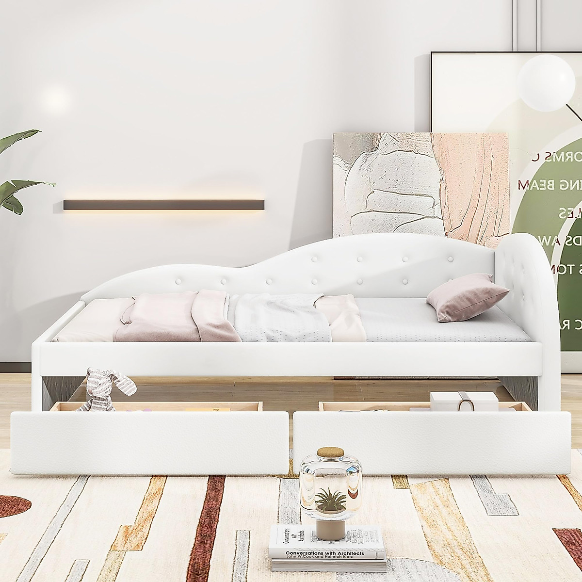Hlcodca Twin Size Upholstered Daybed with Two Drawers and Cloud Shaped Guardrail, Pu Upholstered Tufted Platform Bed Frame with Wooden Slat Support for Bedroom Living Room (White-007)