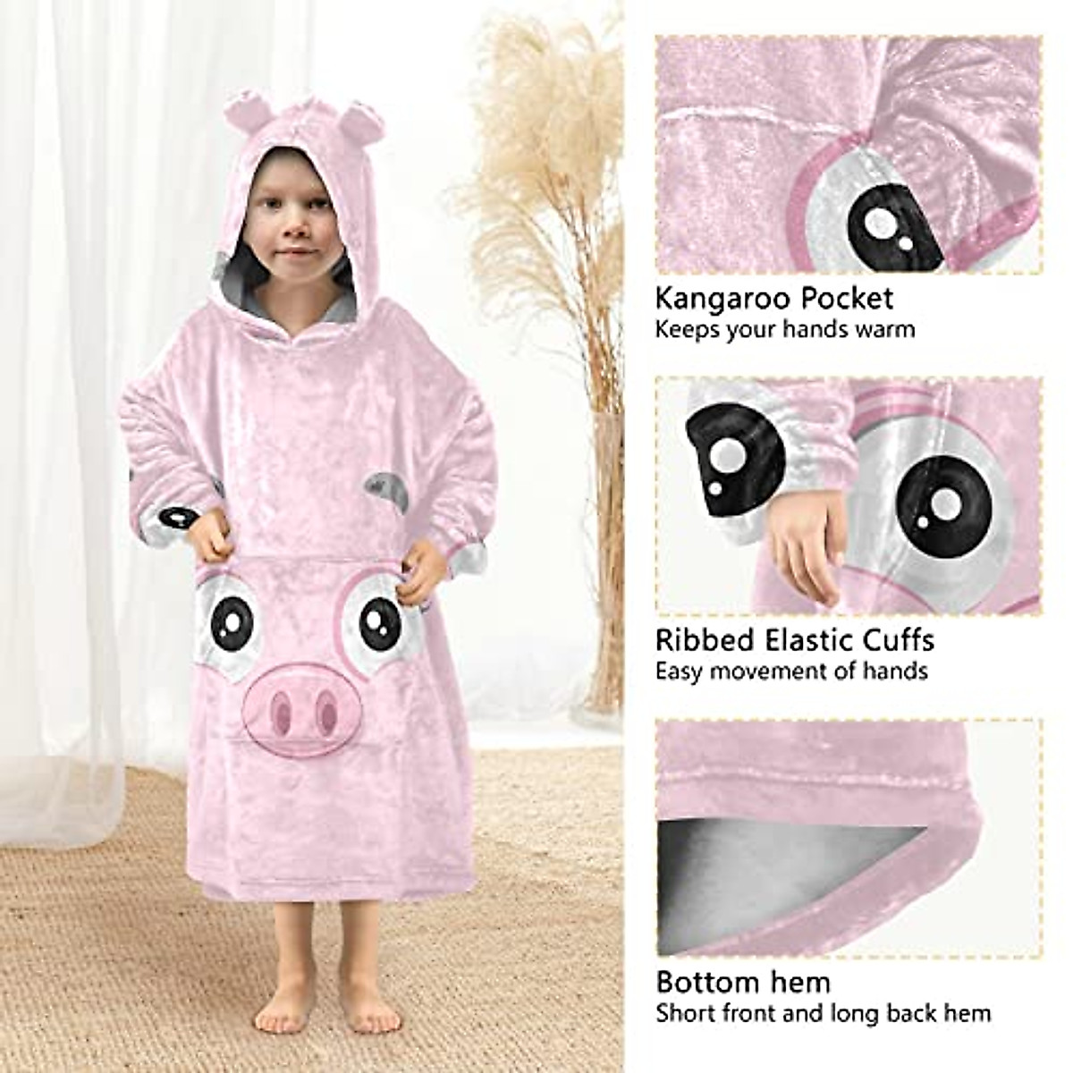 Kigai Happy Pig Wearable Blanket Hoodie,Double-Layer Flannel Soft Warm Sweatshirt Blanket for Men Women Kids