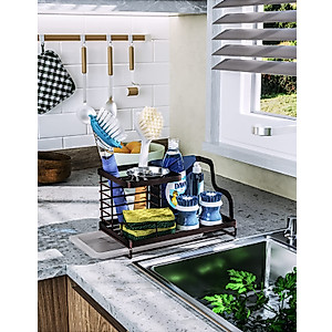 Consumest Sink Caddy Kitchen Sink Organizer, SUS304 Stainless Steel Sponge Holder for Kitchen Sink, Double-Layer Soap Sponge and Brush Holder with Removable Drain Tray, Bronze