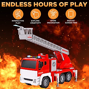 FUNERICA Fire Truck with Water Hose Pump, Flashing Lights, Siren Sounds, Extending Ladder, 5 Fireman, Firefighter Figures, Powered Firetruck Engine, Best Toy Gift for Toddlers, Kids, Boys, and Girls