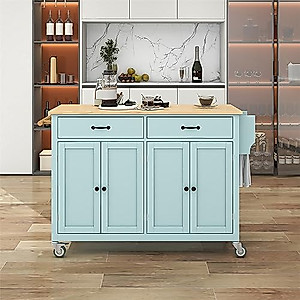 Kitchen Island Cart with Spacious Tabletop and Locking Wheels, 54.3" Large Kitchen Trolley Cart with 4 Door Cabinet and Two Storage Drawers Spice Rack Towel Rack Rolling Kitchen Island Cart Mint Green