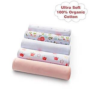 LNGLAT 5-Pack Baby Burp Cloth for Girls, 100% Organic Cotton, Triple Layer, Thick, Soft and Absorbent, Burping Rags for Newborns Baby Shower Set