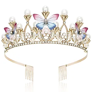 Makone Girls Tiara Butterfly Princess Crown with Comb Gold Pearl Headband Rhinestone Hair Accessories for Halloween Birthday Wedding Bridal Prom Christmas Gifts