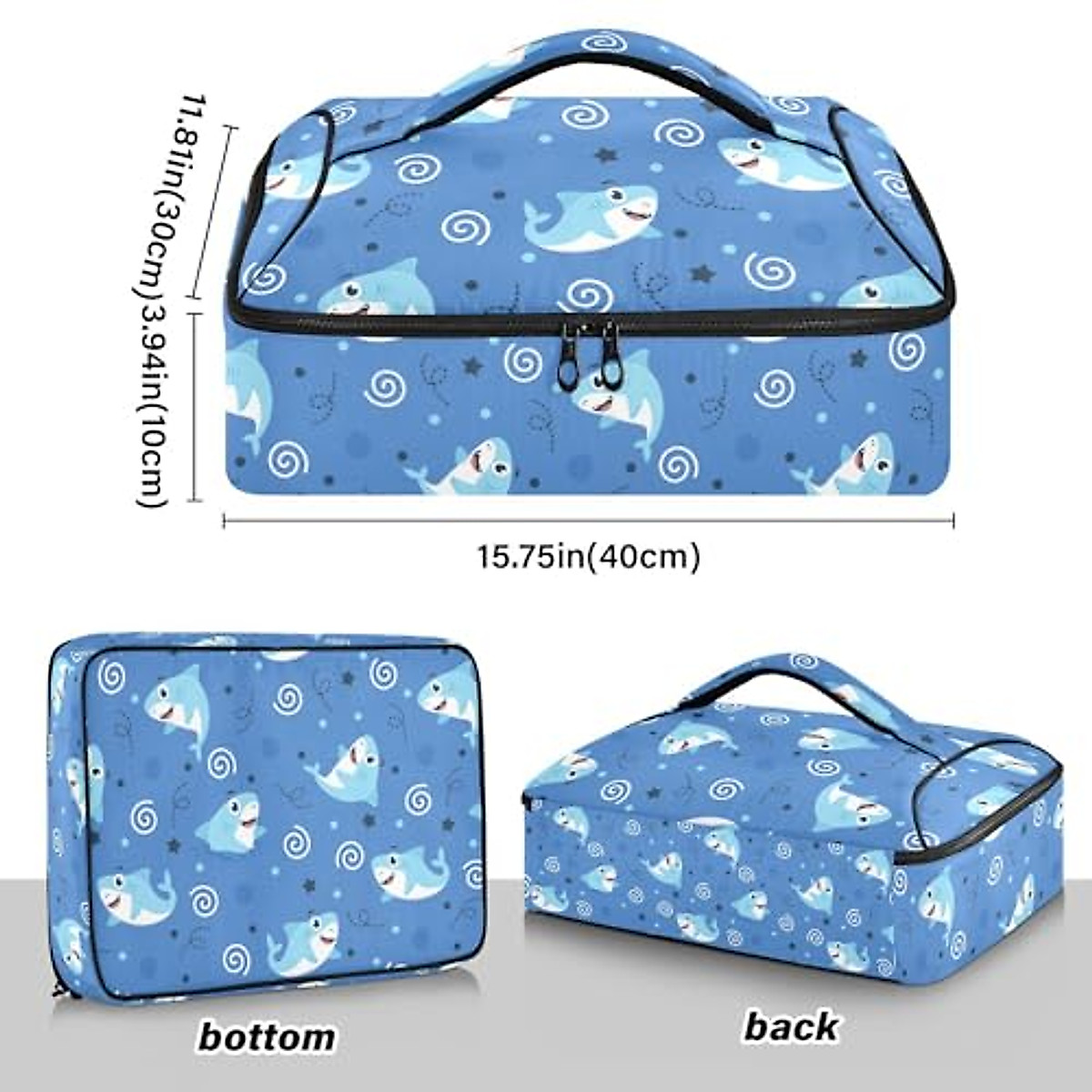 Kcldeci Insulated Thermal Food Carrier Insulated Casserole Carrier for Hot or Cold Food,Cute Sharks Cartoon Pattern Insulated Tote Bag for Potluck Cookouts Parties Picnic,Lasagna Lugger
