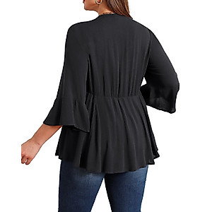 Pinup Fashion Plus Size Tunic Tops Black Women Bell 2/4 Sleeve Fall Dressy Casual Lace-Up V Neck Empire Waist Tassel Peplum Top 2X