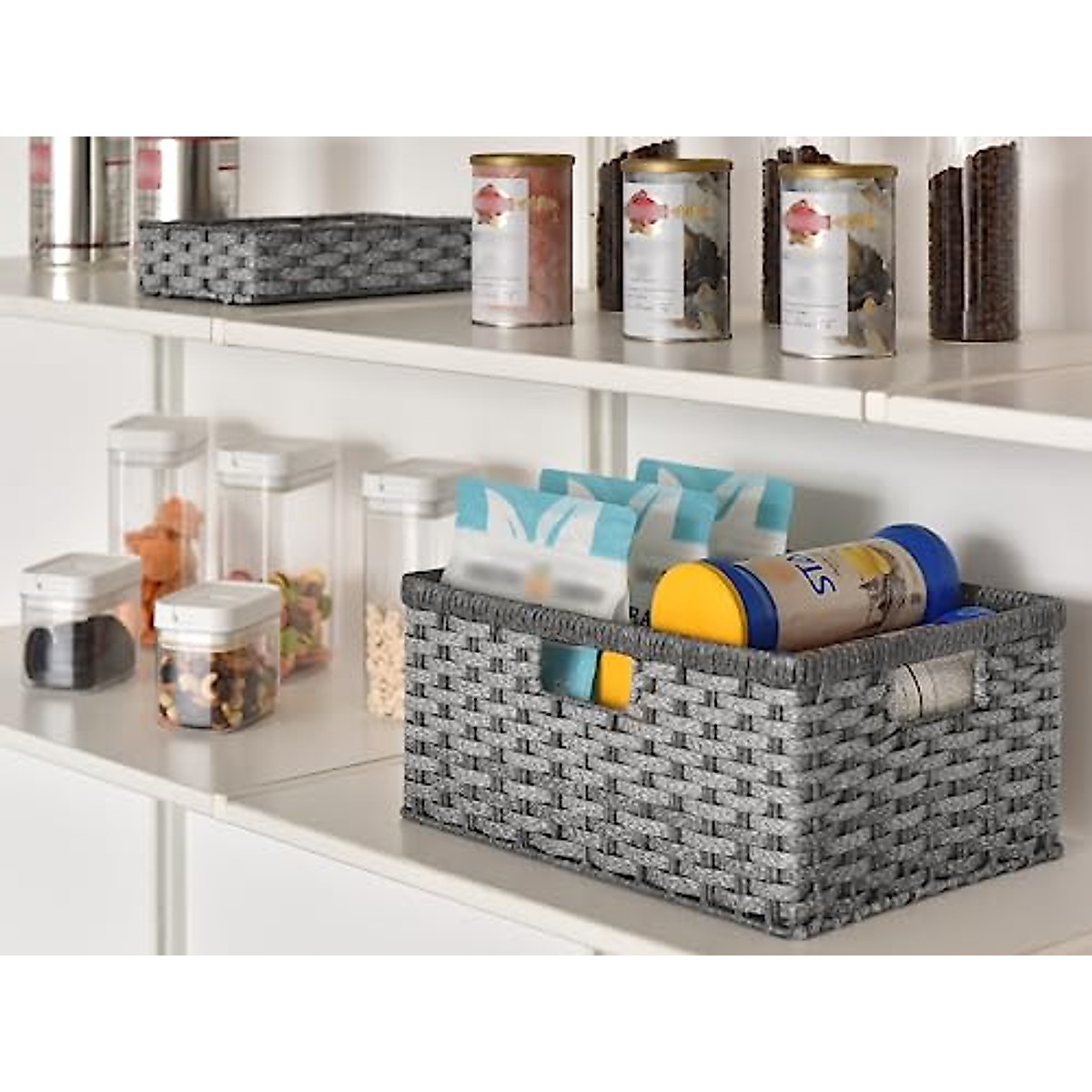 Labcosi Large Wicker Basket, Plastic Wicker Storage Basket, Wicker Storage Basket for Bathroom, Plastic Storage Bin with Built-in Handles, Grey, 15 "L x 11 "W x 6.75 "H, 1 Pack