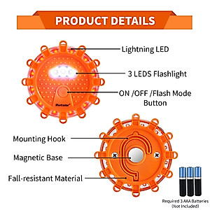 Markstor 3 Pack of LED Emergency Car Kit Flashing Warning Lights Roadside Security For Vehicle Truck Boats With Hook, Amber Safety Flares Warning Lights Disc Magnet (Battery Not Included)