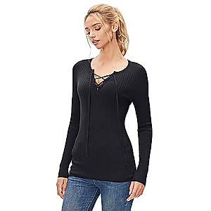 AmélieBoutik Women Notch V Neck Lace Up Long Sleeve Ribbed Sweater (Black Large)