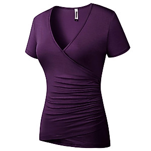 Beauhuty Women's Plus Size Tops Sexy Deep V Neck Sexy Low Cut Front Surplice Wrap Short Sleeve Fitted Tees (XXL, Short-Purple)