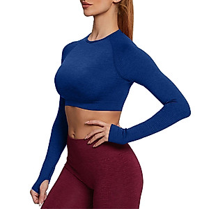 Aoxjox Long Sleeve Crop Tops for Women Vital New Workout Seamless Crop T Shirt Top (Vital New Navy, Medium)