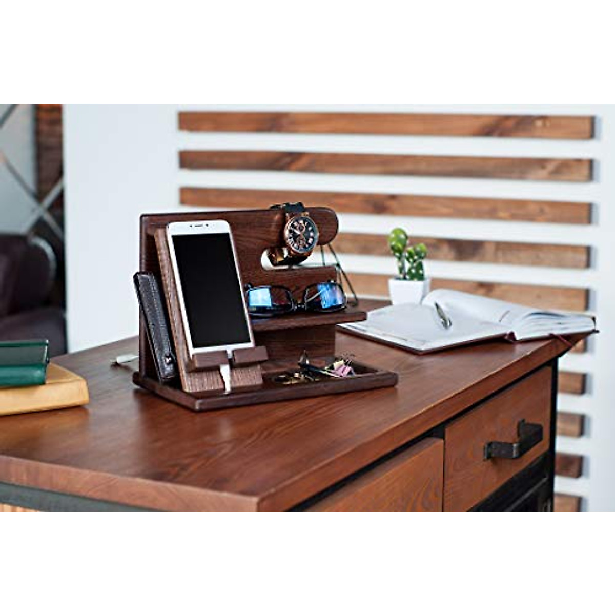 TESLYAR Wood Phone Docking Station Ash Key Holder Wallet Stand Watch Organizer Men Gift Husband Wife Anniversary Dad Birthday Nightstand Purse Father Graduation Male Travel Idea Gadgets… (Brown)