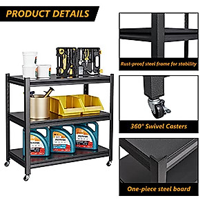 STANI Garage Shelving, Rolling Shelf with Wheels for Storage, 3-Tier Metal Shelving Unit with Wheels for Garage Kitchen Office, Utility Carts with Wheels, Bakers Rack Shelf, Storage Shelves on Wheels