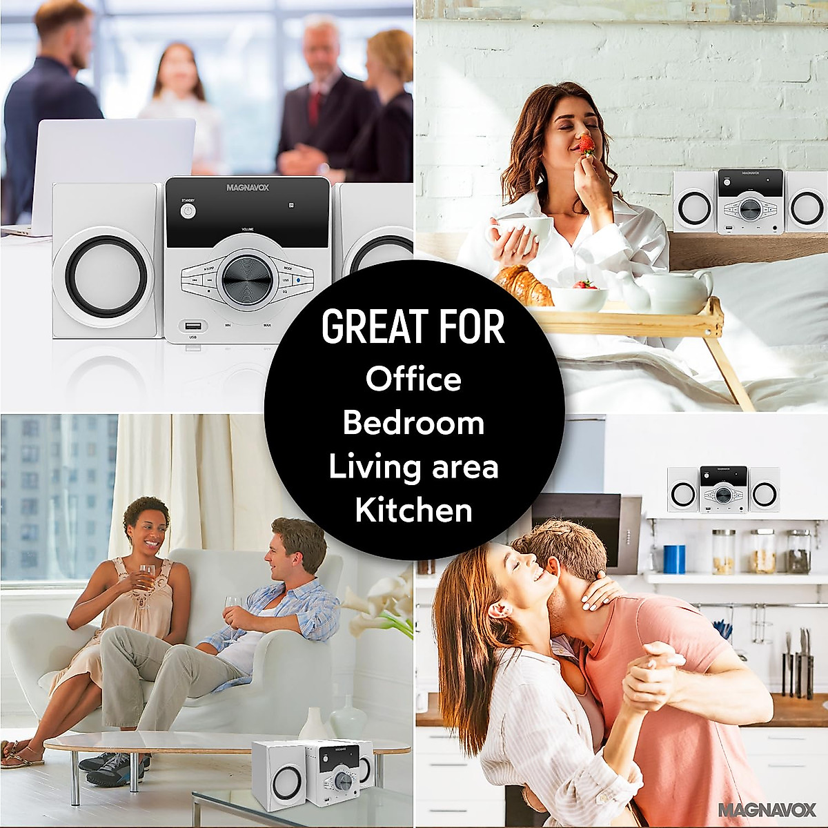 Magnavox MM442 3-Piece Top Loading CD Shelf System with Digital PLL FM Stereo Radio, Bluetooth Wireless Technology, and Remote Control in Black | Blue Lights | LED Display (White)