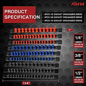 AMM 9-Piece Socket Organizer, 1/2 inch, 3/8 inch and 1/4 inch Drive socket holders organizers,Heavy Duty Socket Racks, Premium Quality Socket Clip Rail Holder,The best tool organizer in the garage