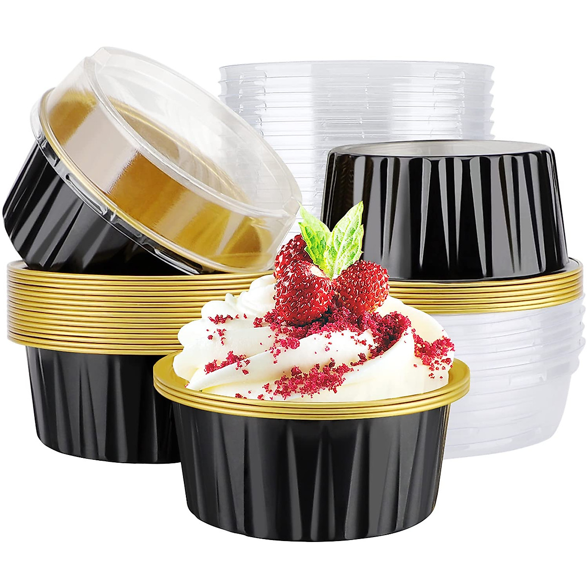 EUSOAR Ramekins with Lids, 25pcs 5oz Cupcake Liners Aluminum Foil Baking Dessert Cups Holders, Mini Muffin Creme Brulee Disposable Ramekins Cheesecake Pan for Catering Wedding Party Favor-Black&Gold