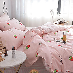 EAVD Kawaii Strawberry Duvet Cover Queen Pink Soft 100% Cotton Cute Strawberry bedding Set for Girls/boys Women Japanese Strawberry Comforter Set Full Aesthetic bedding Set(NO Comforter)