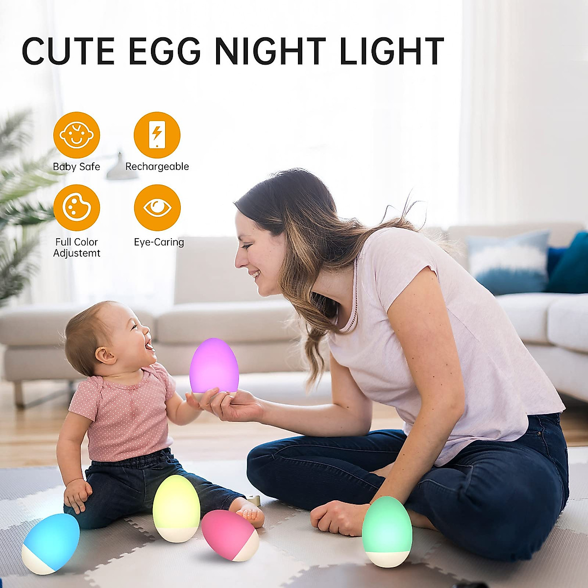 Ohey Night Lights for Kids Room, 7 Color Changing Tumbler Egg Baby Night Light with Top-Touch Control, Rechargeable & Dimmable ABS+Silicone Nursery Night Lights, Up to 100H