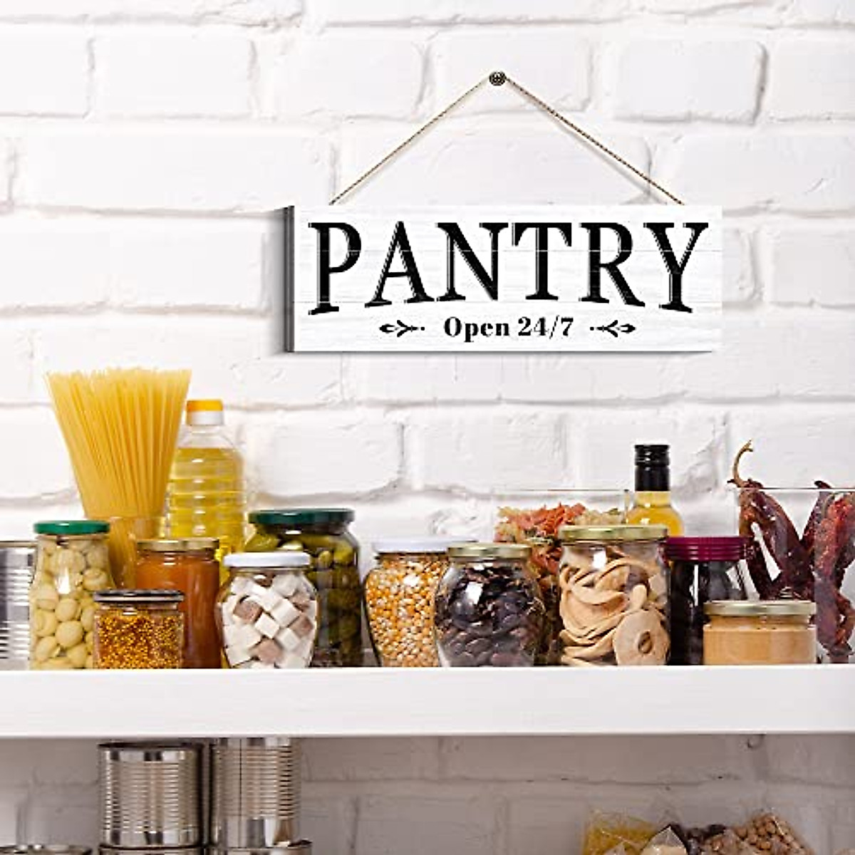 Creoate Pantry Sign Wall Art Home Farmhouse Pantry Room Decor White Farm Pantry Wood Sign with Quotes Pantry Open 24/7" - Rustic Wood Hanging Wall Plaque Pantry Decor