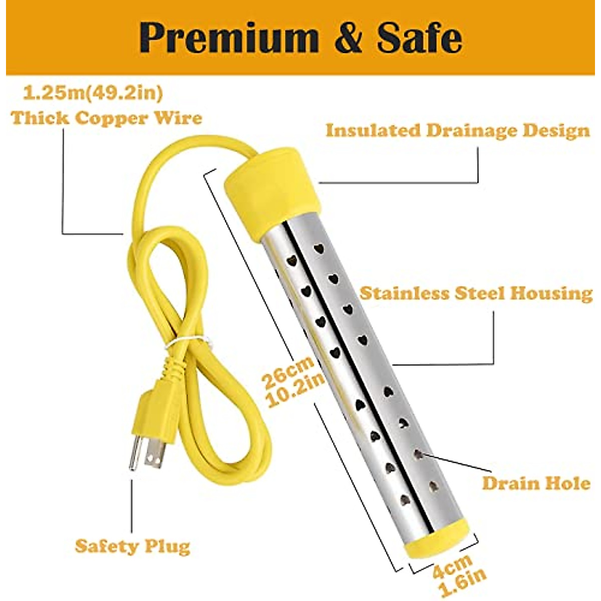 Immersion Water Heater, with 304 Stainless Steel Cover Intelligent Temperature Control and Digital LCD Thermometer Portable Bucket Heater Heat 5 Gallons of Water in Minutes 1500W