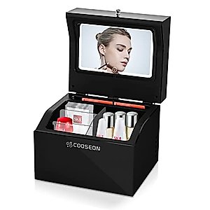 COOSEON Acrylic Skincare Fridge 10 Liter With Adjustable HD Mirror Light Thermostatic Mini Beauty Fridge with Removable Divider Shelf, Cosmetic fridge for Makeup, Bedroom, Office, Room