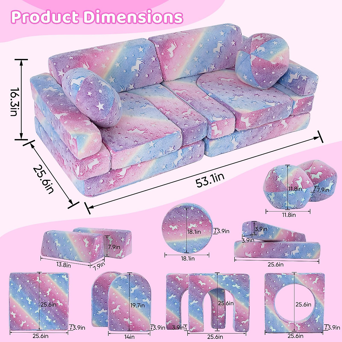 13 PCS Kids Play Couch, Modular Kids Play Couch Set,Glowing Toddler Couch, Kid Play Couch Sofa for Playroom and Bedroom (Rainbow)