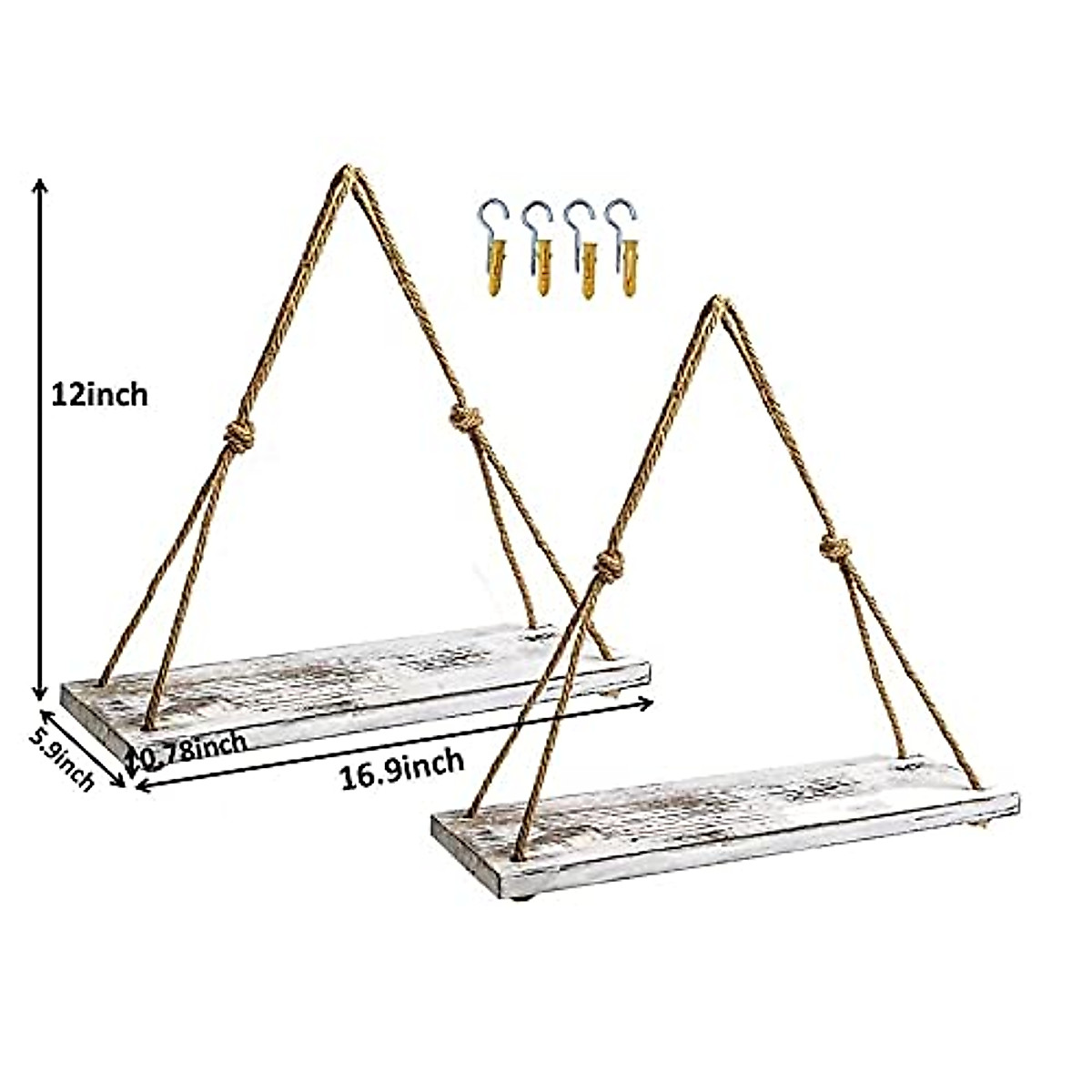 HoreZer Wood-Rope Hanging Floating Shelves Wall Decor Set of 2, Rustic White Wall Shelf with 4 Hooks and 4 Ropes,Wall Hanging Rope Shelves for Garden Kitchen Bathroom Living Room