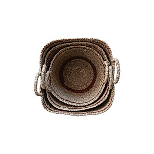 Creative Co-Op Woven Seagrass Baskets with Stripes and Handles, Natural and Brown, Set of 3