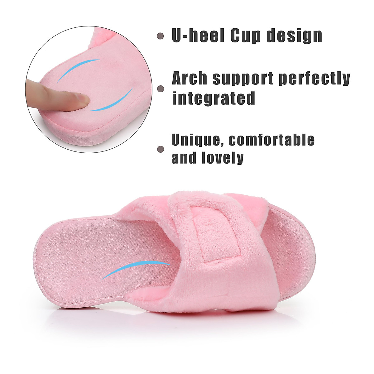 Women's Adjustable Diabetic Slippers Memory Foam House Shoes Cozy Arch Support Orthotic Heel Cup Arthritis Edema Slippers Non Slip Rubber Sole, Open Toe Fuzzy Slide Sandals for Ladies., Pink 6.5/7.5