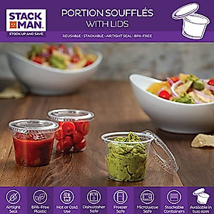 [4 oz -100 Count] Disposable Mini Plastic Souffle Cups with Lids- Jello Shot Cups, Jell-O Portion Cups, 4 Ounce Dipping Sauce Ramekins, Salad Dressing Container Cup ,Small Plastic Condiment Containers