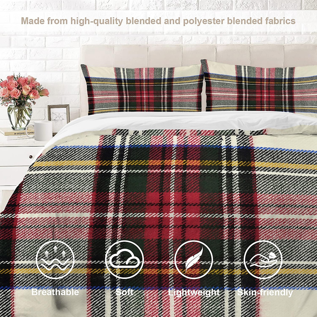 BaoNews Scottish Tartan Duvet Cover Set Twin Size,3 Pieces Green Wool Plaid Symmetric Square Fashion Bedding Set Hotel Quality PolyesterComforter Cover Set with 2 Pillowcases(No Filler)