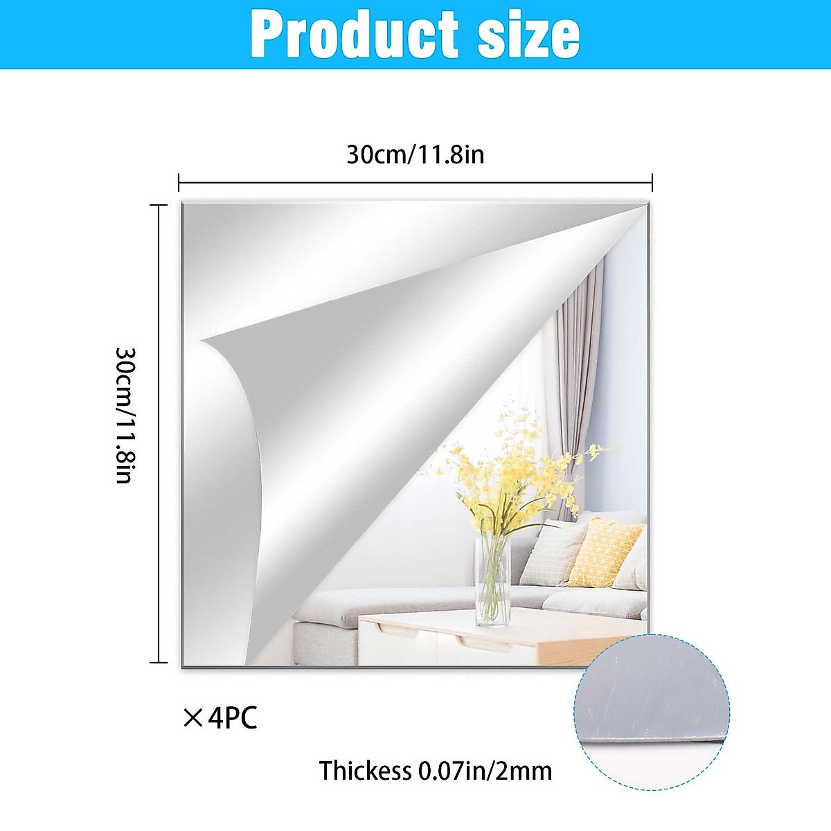 CEYAZYE 4PCS Full Body Mirror Stickers, 11.8'' x 11.8'' Acrylic Silver Wall Mirrors, 3D Square Wall Decor, DIY Self-Adhesive Art Sticker Decal for Living Room Bedroom Nursery and Playroom