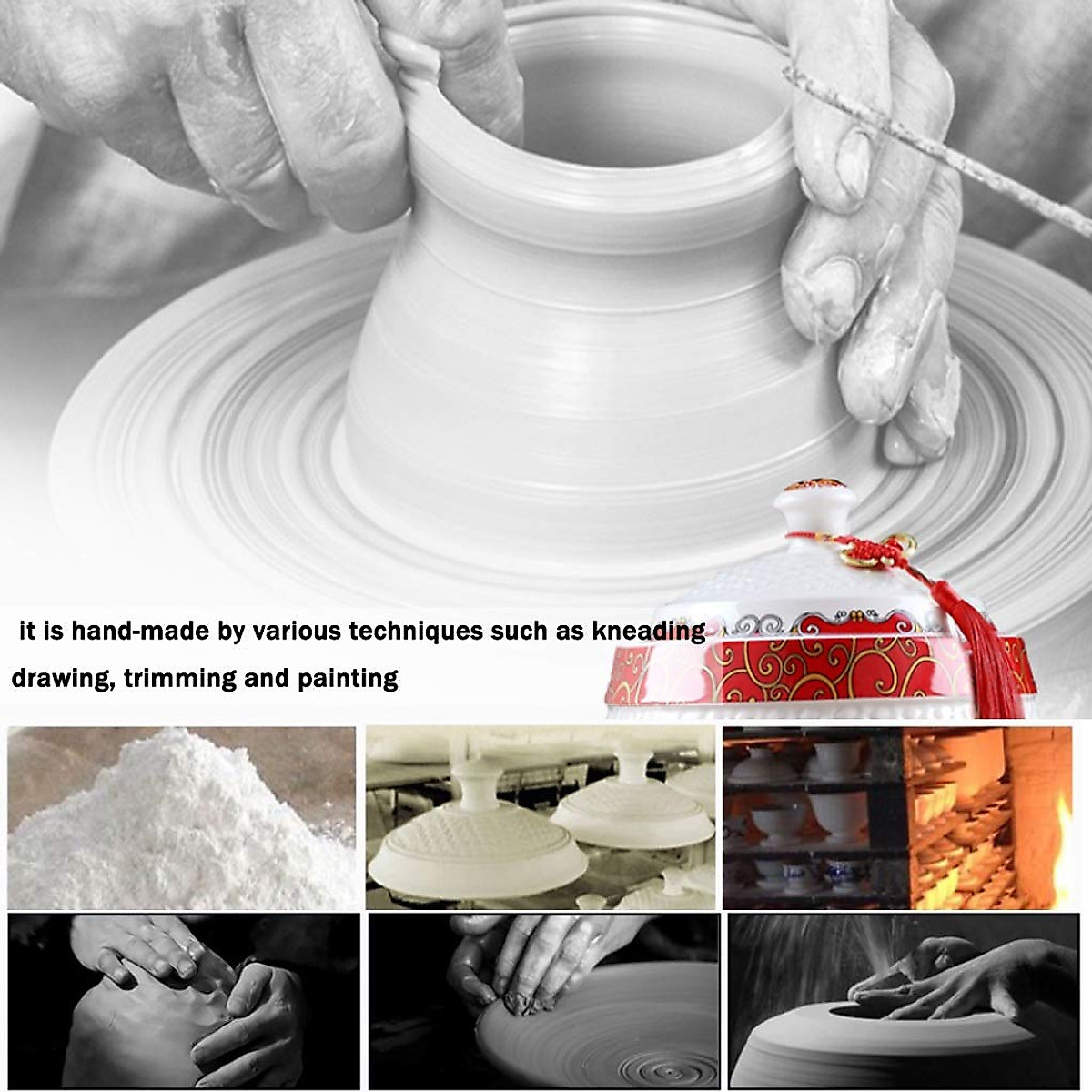 DXYLFFF Classic Food Dispensers Ceramic Rice Bucket with Tassel Design, Household Rice Storage Box with Lid, Chinese Sealed Large-Capacity Rice Pot, 4-12.5KG/141-441 OZ